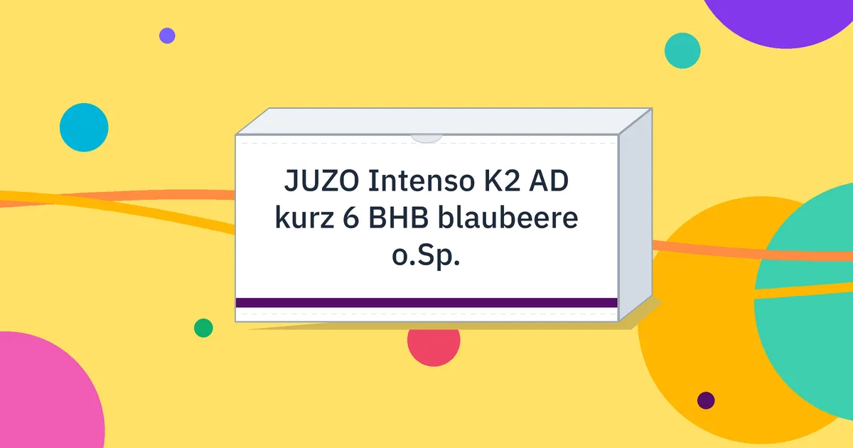 Symbolbild: Packung mit der Aufschrift JUZO Intenso K2 AD kurz 6 BHB blaubeere o.Sp. (PZN 18625114) – Verfügbarkeit und Bezug in Apotheken in Frankfurt am Main