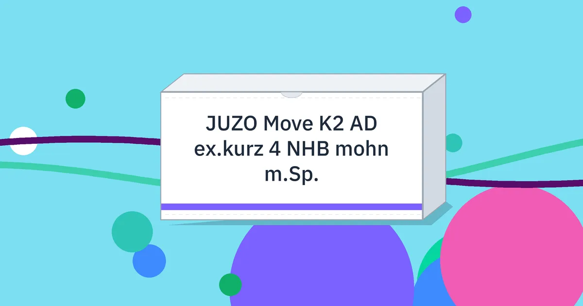 Symbolbild: Packung mit der Aufschrift JUZO Move K2 AD ex.kurz 4 NHB mohn m.Sp. (PZN 18541802) – Verfügbarkeit und Bezug in Apotheken in Frankfurt am Main