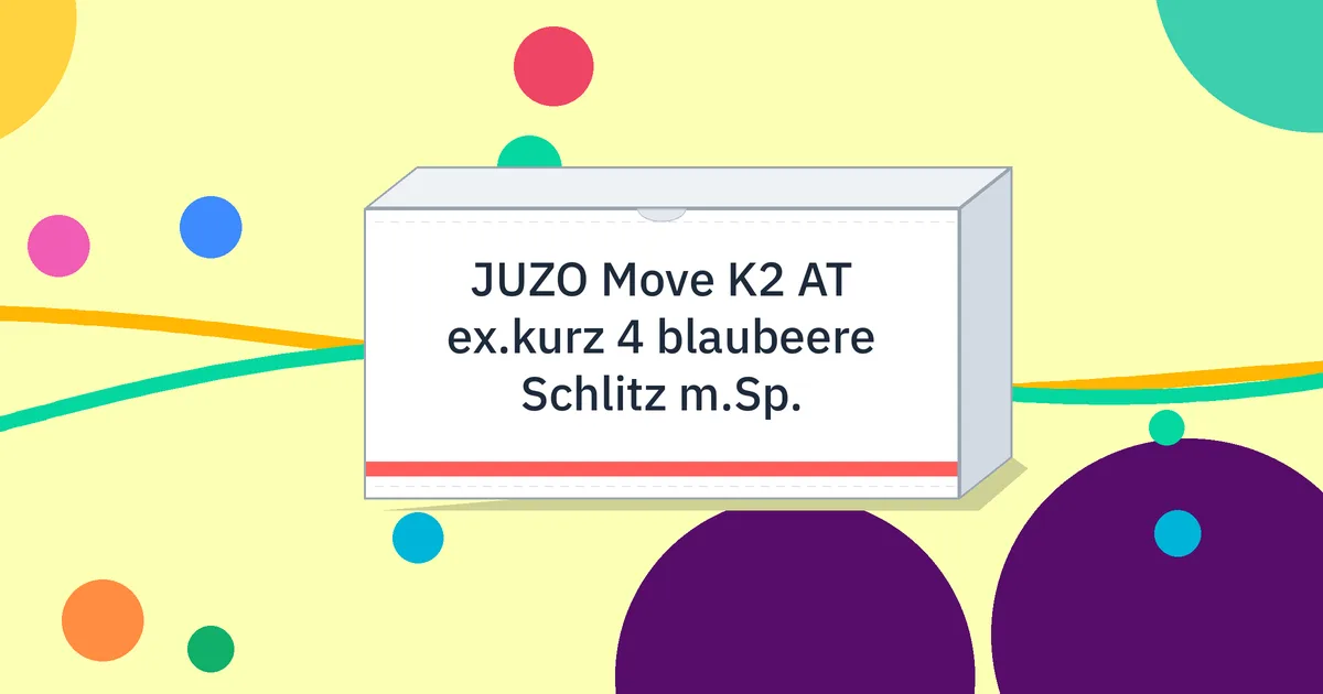 Symbolbild: Packung mit der Aufschrift JUZO Move K2 AT ex.kurz 4 blaubeere Schlitz m.Sp. (PZN 20671848) – Verfügbarkeit und Bezug in Apotheken in Frankfurt am Main