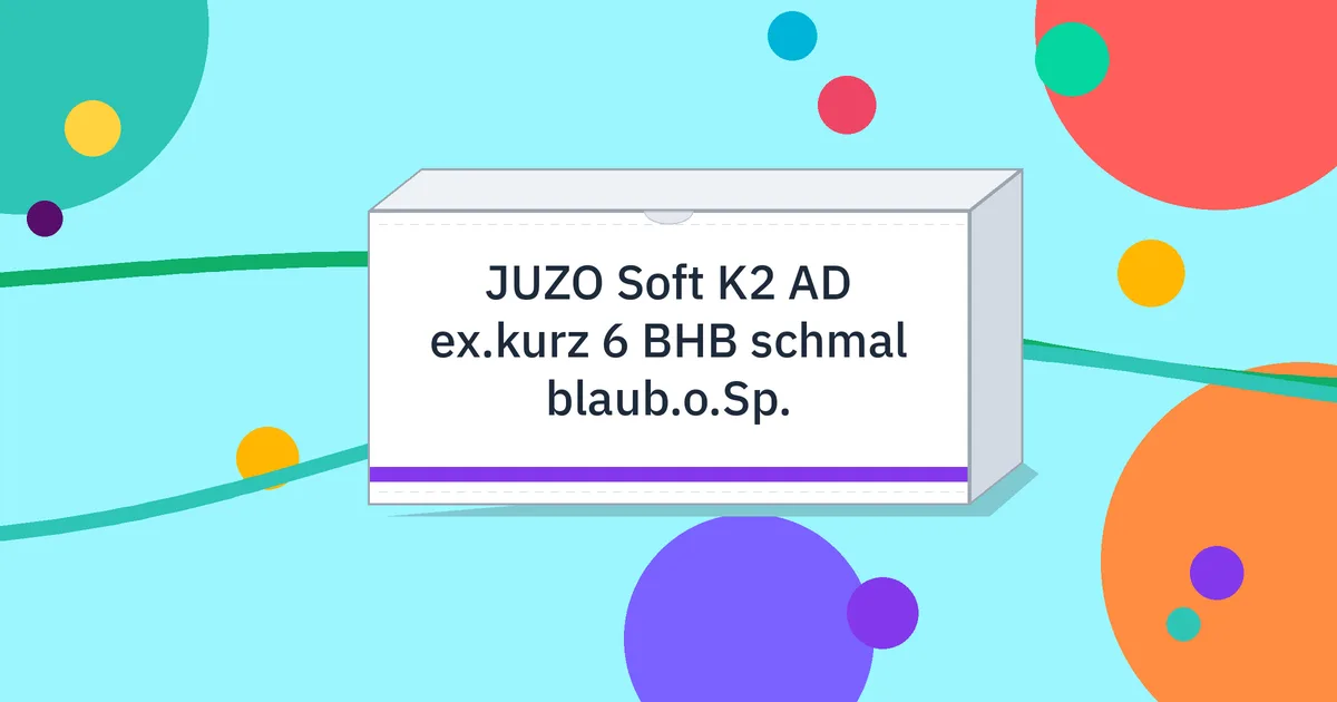 Symbolbild: Packung mit der Aufschrift JUZO Soft K2 AD ex.kurz 6 BHB schmal blaub.o.Sp. (PZN 15468513) – Verfügbarkeit und Bezug in Apotheken in Frankfurt am Main