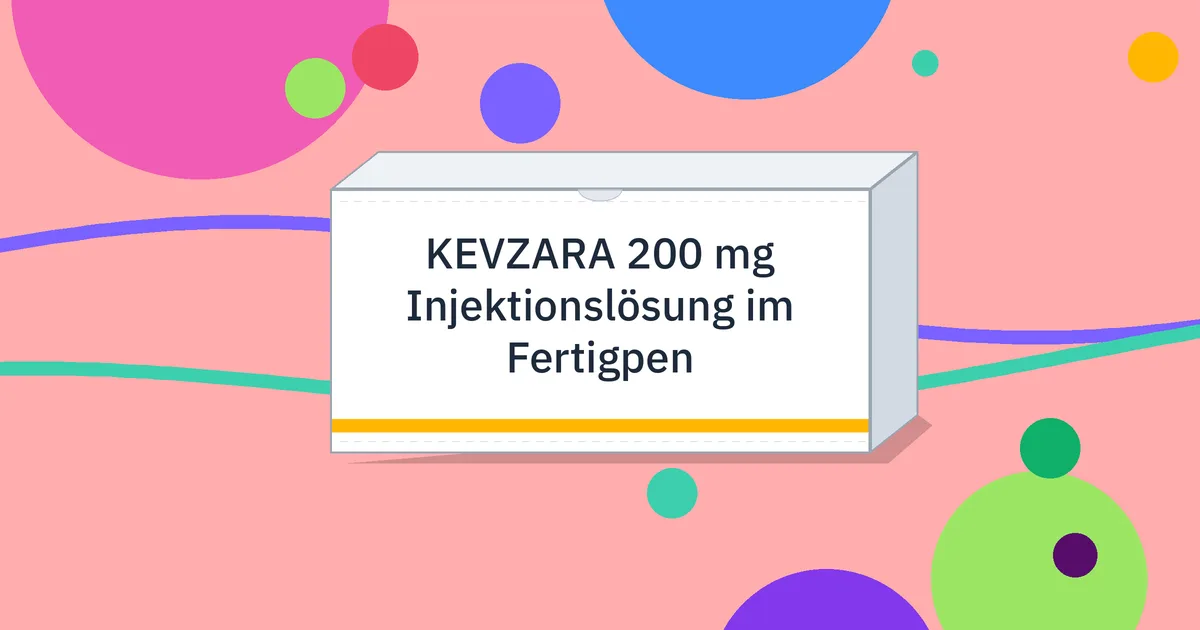 Symbolbild: Packung mit der Aufschrift KEVZARA 200 mg Injektionslösung im Fertigpen (PZN 16581677) – Verfügbarkeit und Bezug in Apotheken in Frankfurt am Main
