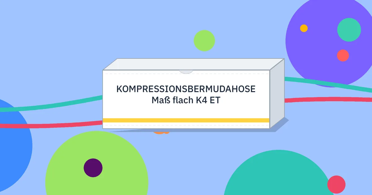 Symbolbild: Packung mit der Aufschrift KOMPRESSIONSBERMUDAHOSE Maß flach K4 ET (PZN 16745920) – Verfügbarkeit und Bezug in Apotheken in Frankfurt am Main