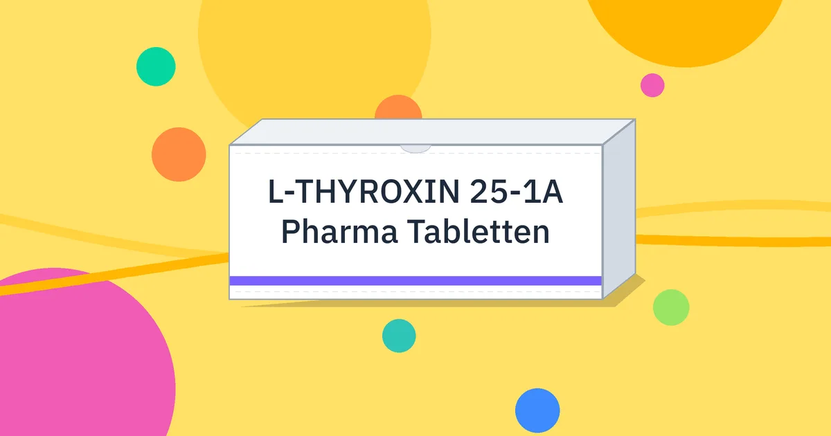 Symbolbild: Packung mit der Aufschrift L-THYROXIN 25-1A Pharma Tabletten (PZN 06488646) – Verfügbarkeit und Bezug in Apotheken in Frankfurt am Main
