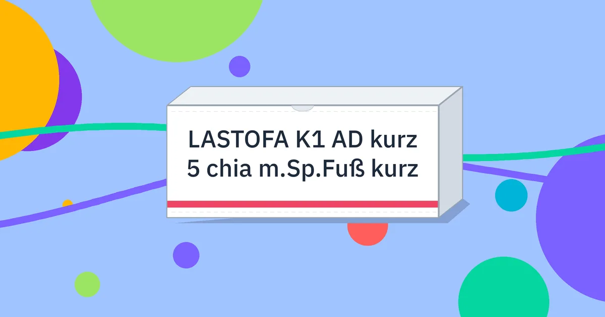 Symbolbild: Packung mit der Aufschrift LASTOFA K1 AD kurz 5 chia m.Sp.Fuß kurz (PZN 13787680) – Verfügbarkeit und Bezug in Apotheken in Frankfurt am Main