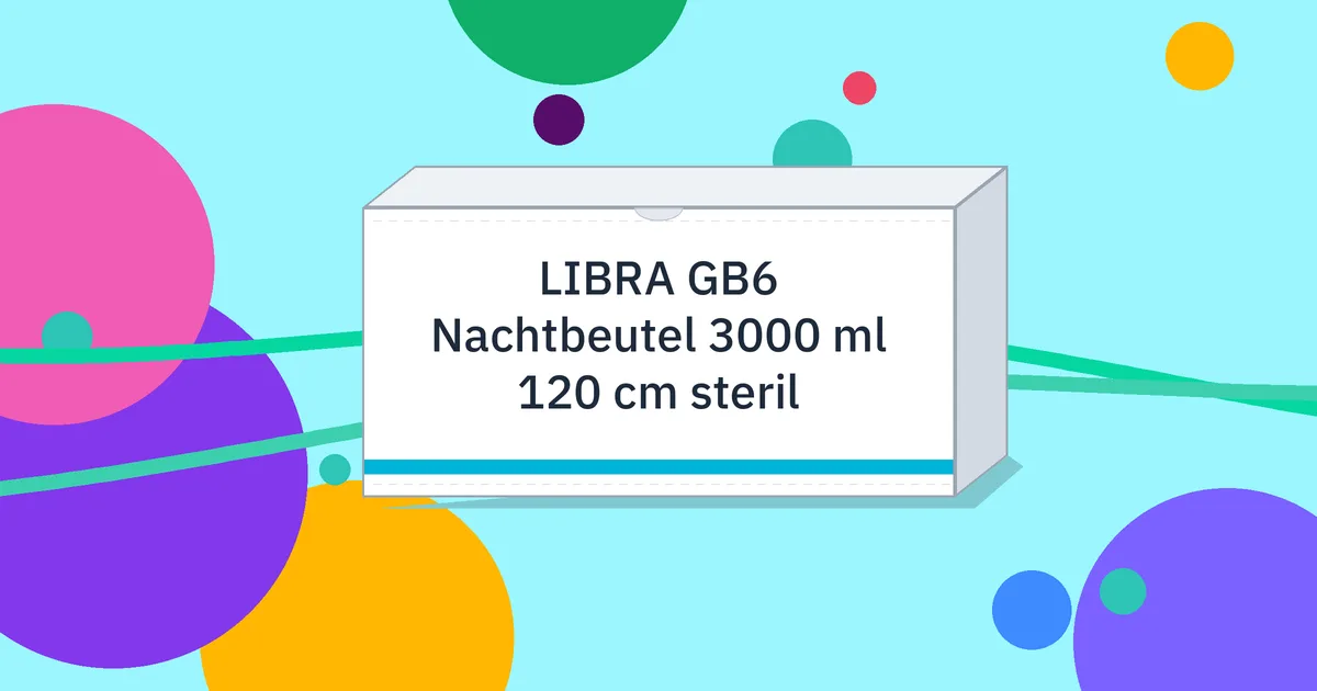 Symbolbild: Packung mit der Aufschrift LIBRA GB6 Nachtbeutel 3000 ml 120 cm steril (PZN 19926734) – Verfügbarkeit und Bezug in Apotheken in Frankfurt am Main