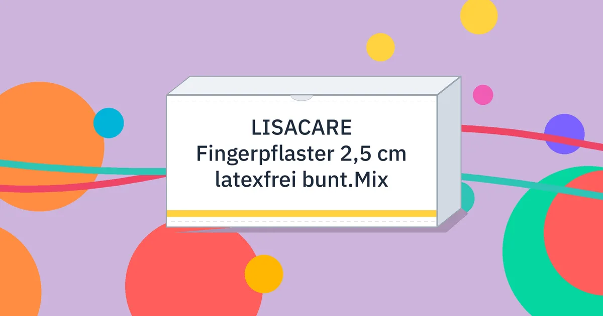Symbolbild: Packung mit der Aufschrift LISACARE Fingerpflaster 2,5 cm latexfrei bunt.Mix (PZN 17926670) – Verfügbarkeit und Bezug in Apotheken in Frankfurt am Main