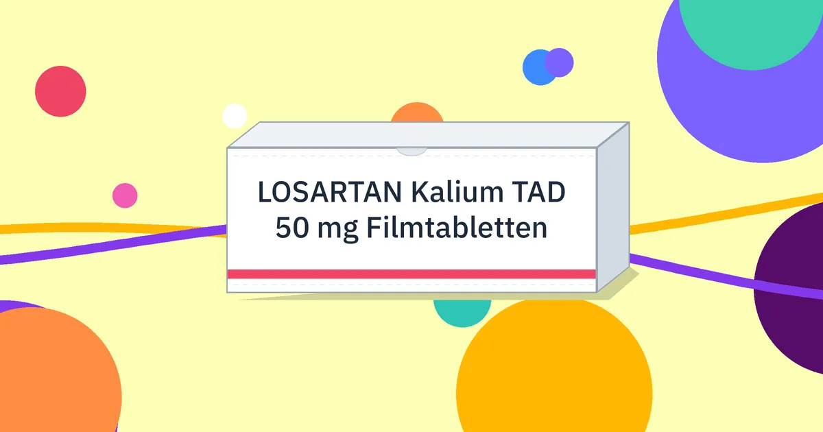 Symbolbild: Packung mit der Aufschrift LOSARTAN Kalium TAD 50 mg Filmtabletten (PZN 09191616) – Verfügbarkeit und Bezug in Apotheken in Frankfurt am Main