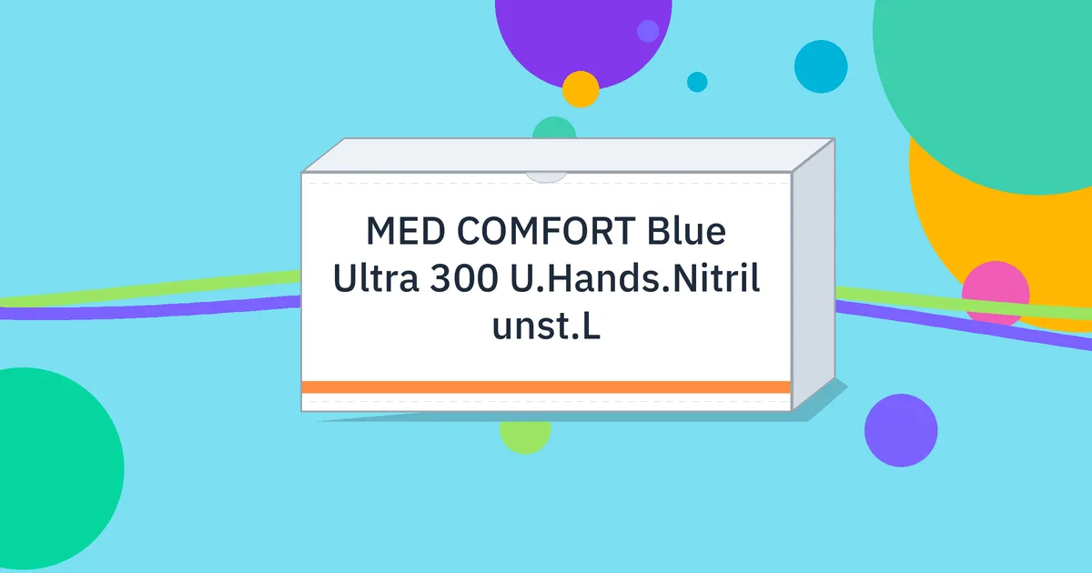 Symbolbild: Packung mit der Aufschrift MED COMFORT Blue Ultra 300 U.Hands.Nitril unst.L (PZN 15570329) – Verfügbarkeit und Bezug in Apotheken in Frankfurt am Main