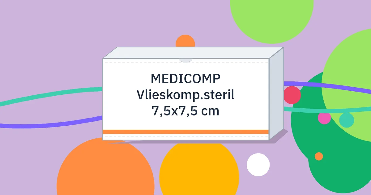 Symbolbild: Packung mit der Aufschrift MEDICOMP Vlieskomp.steril 7,5x7,5 cm (PZN 12593991) – Verfügbarkeit und Bezug in Apotheken in Frankfurt am Main