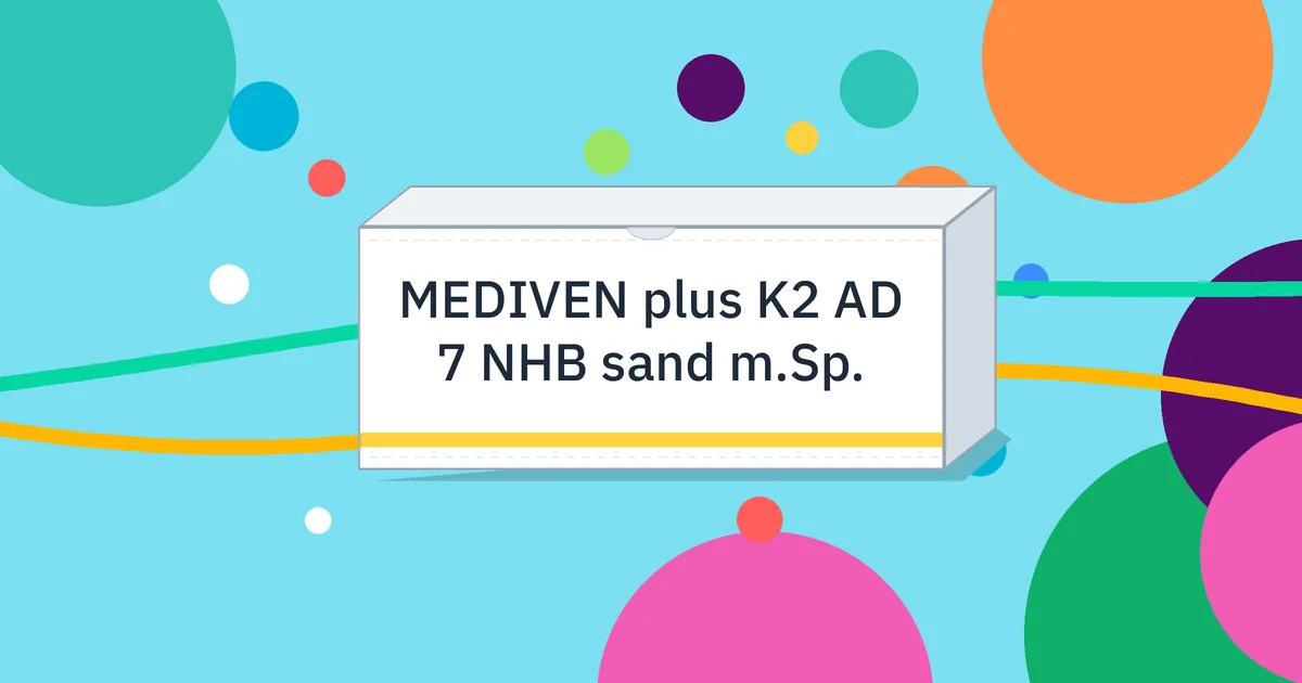 Symbolbild: Packung mit der Aufschrift MEDIVEN plus K2 AD 7 NHB sand m.Sp. (PZN 18946769) – Verfügbarkeit und Bezug in Apotheken in Frankfurt am Main