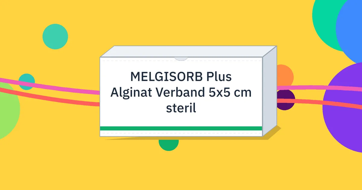 Symbolbild: Packung mit der Aufschrift MELGISORB Plus Alginat Verband 5x5 cm steril (PZN 09932656) – Verfügbarkeit und Bezug in Apotheken in Frankfurt am Main
