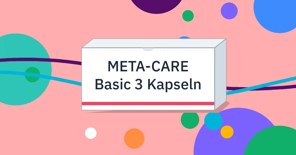 Symbolbild: Packung mit der Aufschrift META-CARE Basic 3 Kapseln (PZN 01222369) – Verfügbarkeit und Bezug in Apotheken in Frankfurt am Main