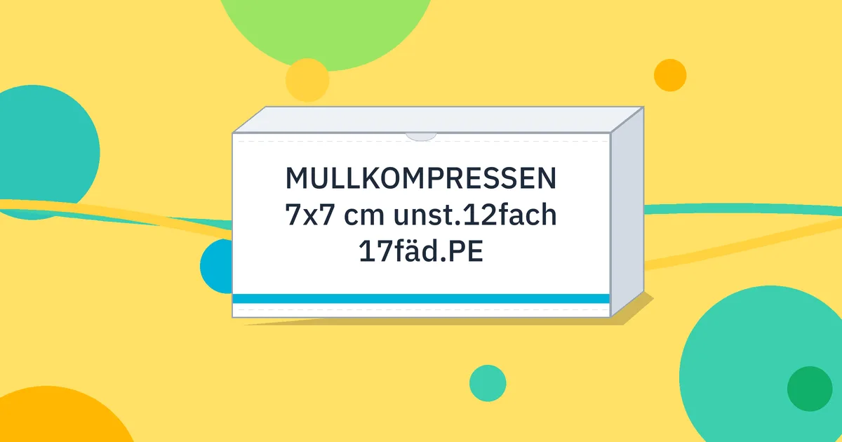 Symbolbild: Packung mit der Aufschrift MULLKOMPRESSEN 7x7 cm unst.12fach 17fäd.PE (PZN 06928559) – Verfügbarkeit und Bezug in Apotheken in Frankfurt am Main