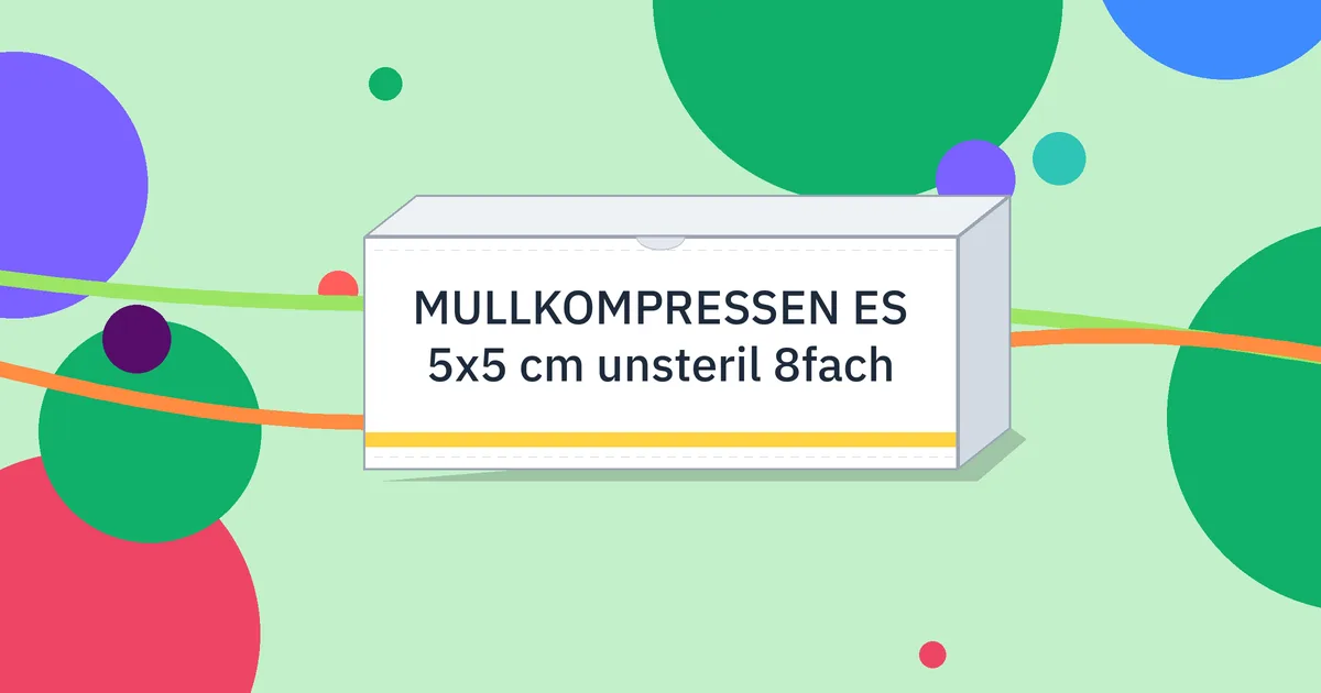 Symbolbild: Packung mit der Aufschrift MULLKOMPRESSEN ES 5x5 cm unsteril 8fach (PZN 06310859) – Verfügbarkeit und Bezug in Apotheken in Frankfurt am Main