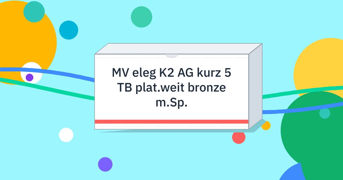 Symbolbild: Packung mit der Aufschrift MV eleg K2 AG kurz 5 TB plat.weit bronze m.Sp. (PZN 14716050) – Verfügbarkeit und Bezug in Apotheken in Frankfurt am Main