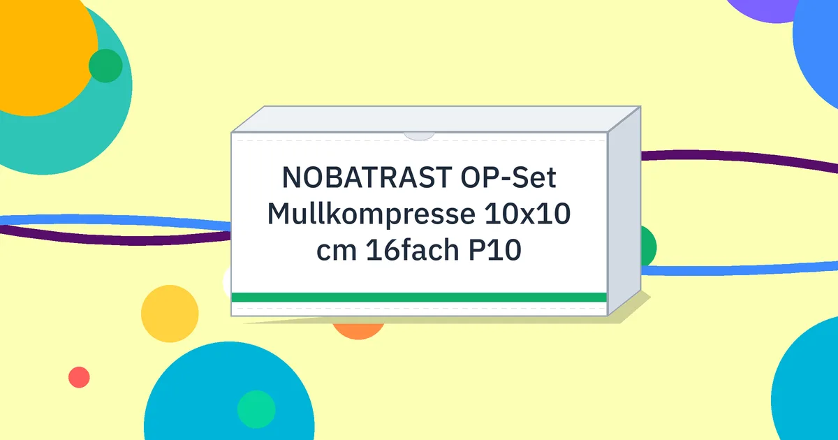 Symbolbild: Packung mit der Aufschrift NOBATRAST OP-Set Mullkompresse 10x10 cm 16fach P10 (PZN 18276085) – Verfügbarkeit und Bezug in Apotheken in Frankfurt am Main