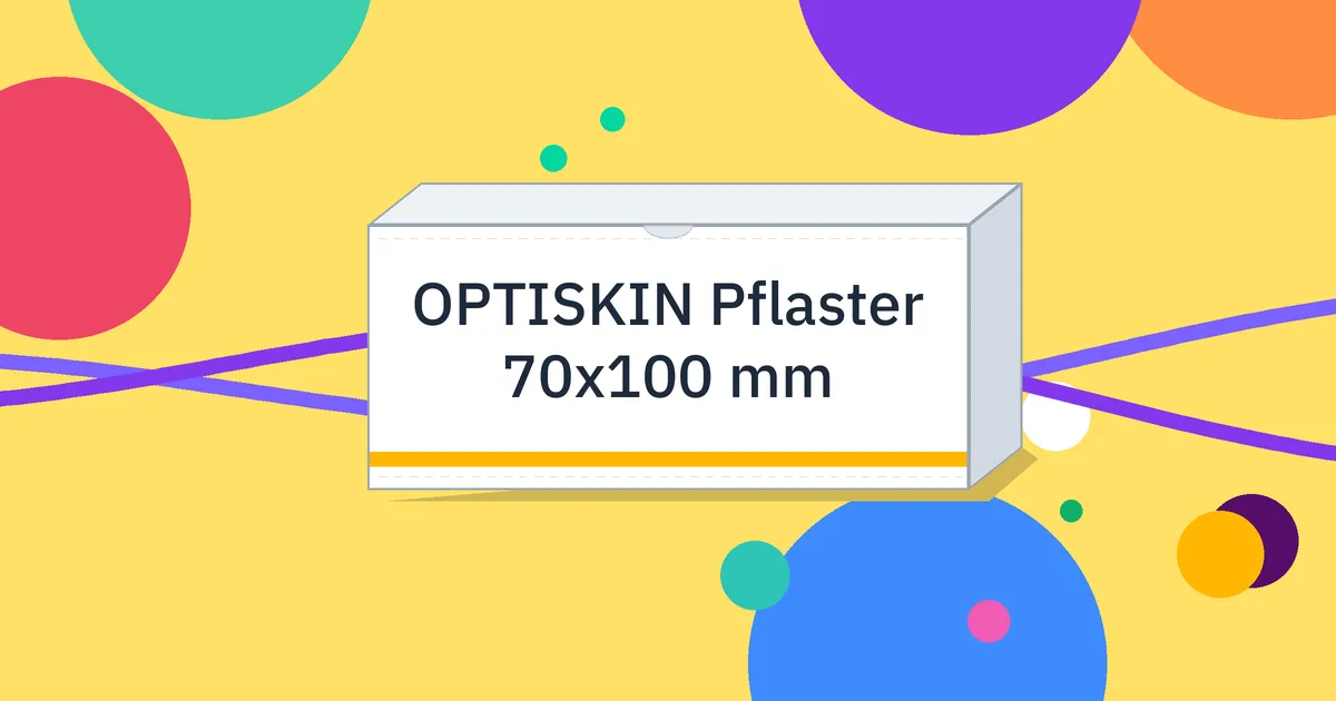 Symbolbild: Packung mit der Aufschrift OPTISKIN Pflaster 70x100 mm (PZN 00663077) – Verfügbarkeit und Bezug in Apotheken in Frankfurt am Main
