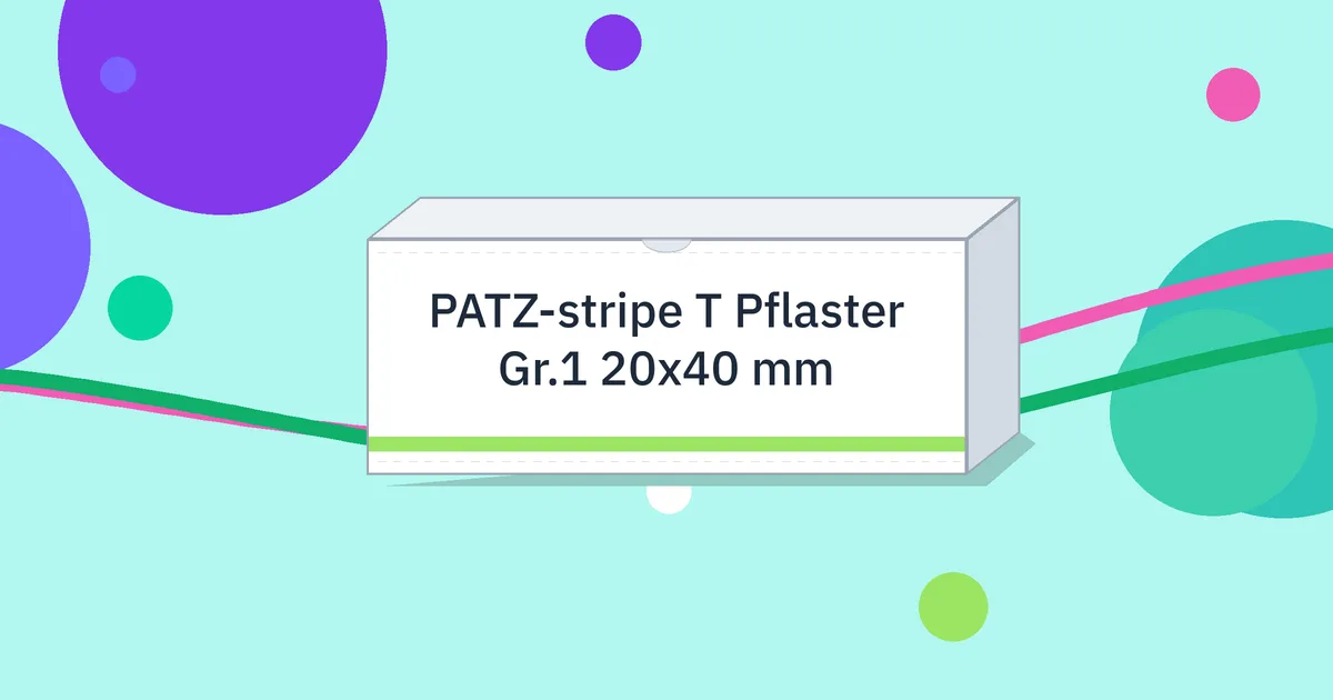 Symbolbild: Packung mit der Aufschrift PATZ-stripe T Pflaster Gr.1 20x40 mm (PZN 06813419) – Verfügbarkeit und Bezug in Apotheken in Frankfurt am Main