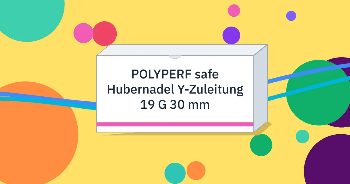 Symbolbild: Packung mit der Aufschrift POLYPERF safe Hubernadel Y-Zuleitung 19 G 30 mm (PZN 18114141) – Verfügbarkeit und Bezug in Apotheken in Frankfurt am Main