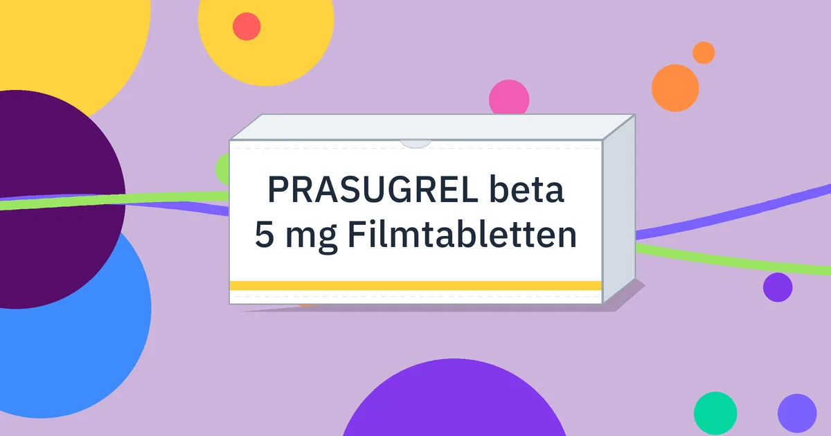 Symbolbild: Packung mit der Aufschrift PRASUGREL beta 5 mg Filmtabletten (PZN 14330847) – Verfügbarkeit und Bezug in Apotheken in Frankfurt am Main