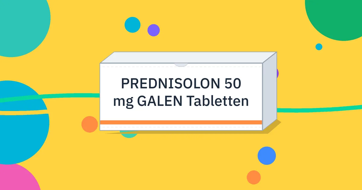 Symbolbild: Packung mit der Aufschrift PREDNISOLON 50 mg GALEN Tabletten (PZN 01484603) – Verfügbarkeit und Bezug in Apotheken in Frankfurt am Main