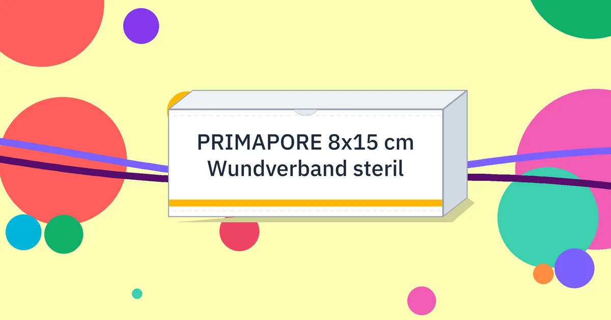 Symbolbild: Packung mit der Aufschrift PRIMAPORE 8x15 cm Wundverband steril (PZN 13895292) – Verfügbarkeit und Bezug in Apotheken in Frankfurt am Main
