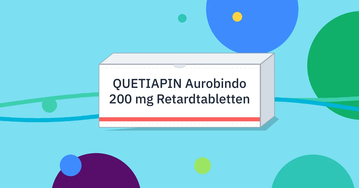 Symbolbild: Packung mit der Aufschrift QUETIAPIN Aurobindo 200 mg Retardtabletten (PZN 18428796) – Verfügbarkeit und Bezug in Apotheken in Frankfurt am Main