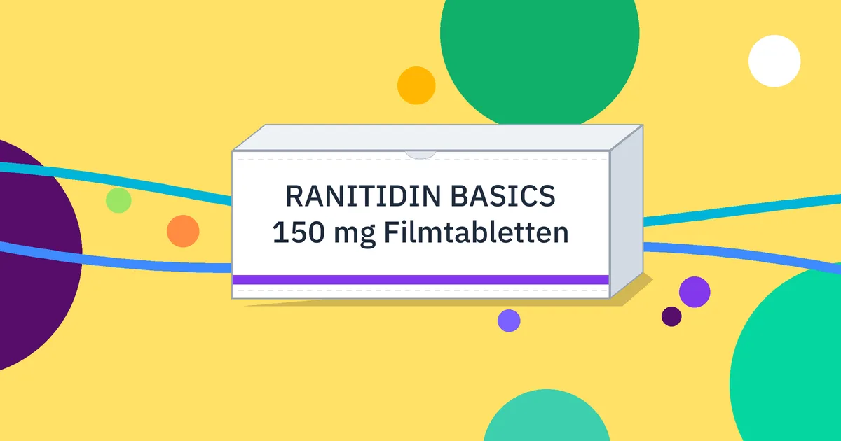 Symbolbild: Packung mit der Aufschrift RANITIDIN BASICS 150 mg Filmtabletten (PZN 07567974) – Verfügbarkeit und Bezug in Apotheken in Frankfurt am Main