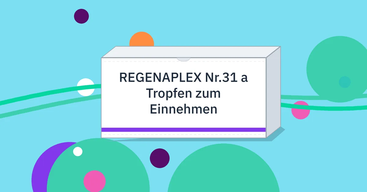 Symbolbild: Packung mit der Aufschrift REGENAPLEX Nr.31 a Tropfen zum Einnehmen (PZN 02642346) – Verfügbarkeit und Bezug in Apotheken in Frankfurt am Main