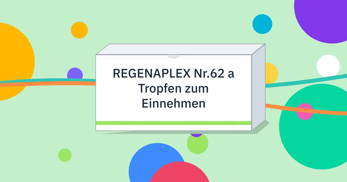 Symbolbild: Packung mit der Aufschrift REGENAPLEX Nr.62 a Tropfen zum Einnehmen (PZN 02643096) – Verfügbarkeit und Bezug in Apotheken in Frankfurt am Main