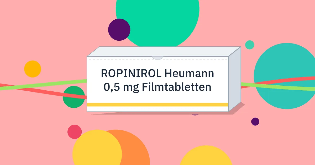 Symbolbild: Packung mit der Aufschrift ROPINIROL Heumann 0,5 mg Filmtabletten (PZN 07265279) – Verfügbarkeit und Bezug in Apotheken in Frankfurt am Main