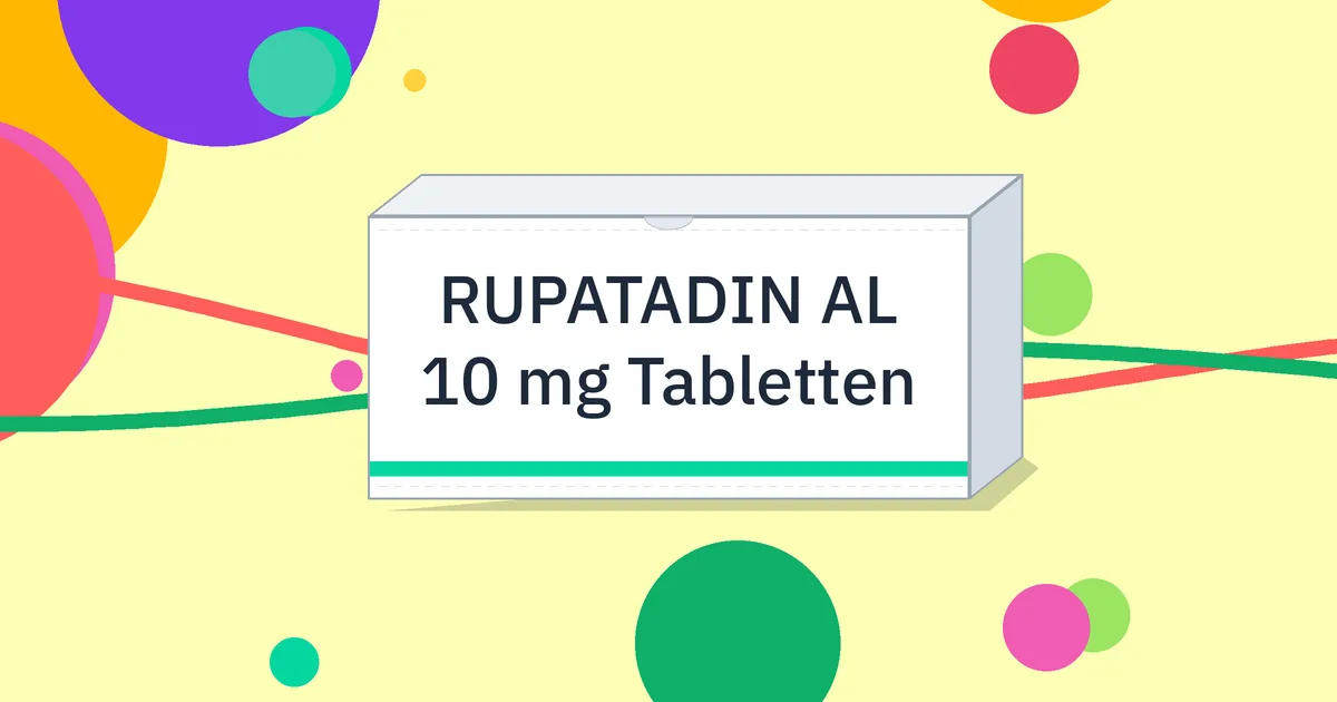 Symbolbild: Packung mit der Aufschrift RUPATADIN AL 10 mg Tabletten (PZN 11674983) – Verfügbarkeit und Bezug in Apotheken in Frankfurt am Main
