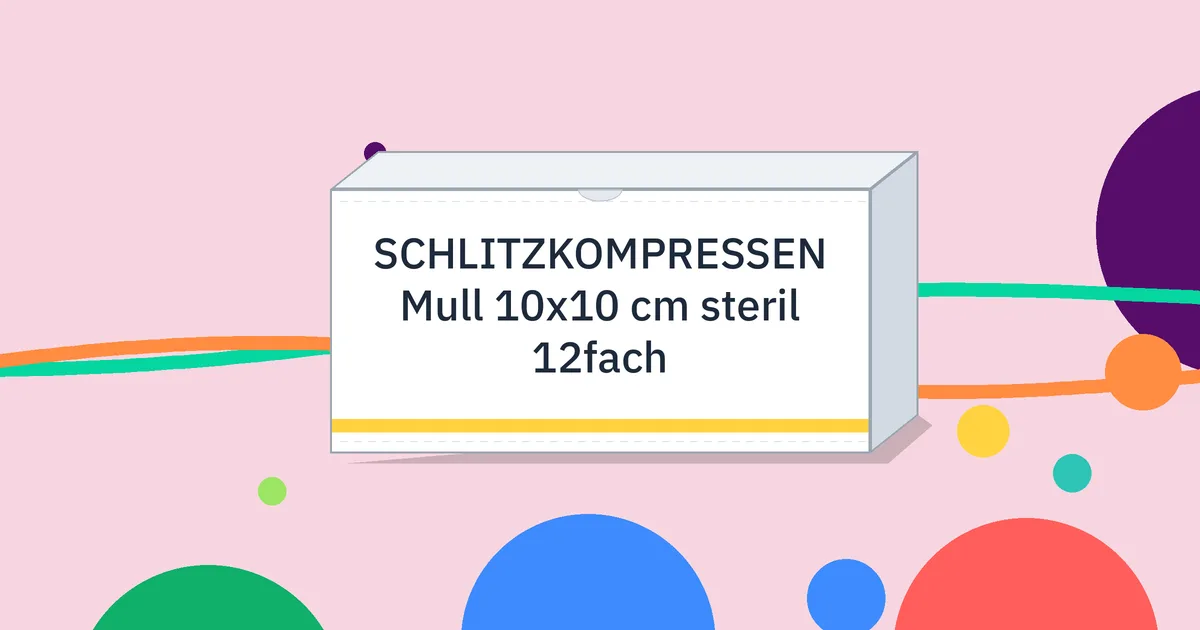 Symbolbild: Packung mit der Aufschrift SCHLITZKOMPRESSEN Mull 10x10 cm steril 12fach (PZN 07574477) – Verfügbarkeit und Bezug in Apotheken in Frankfurt am Main
