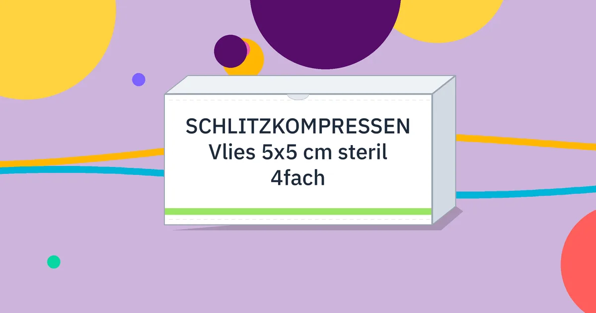 Symbolbild: Packung mit der Aufschrift SCHLITZKOMPRESSEN Vlies 5x5 cm steril 4fach (PZN 00749034) – Verfügbarkeit und Bezug in Apotheken in Frankfurt am Main