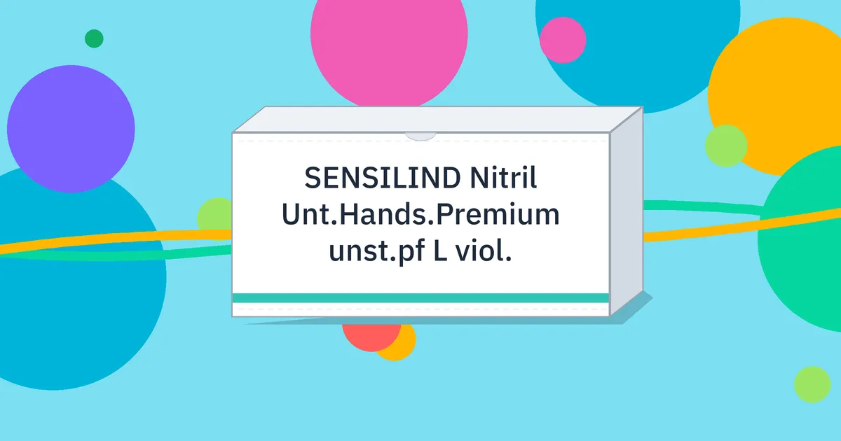 Symbolbild: Packung mit der Aufschrift SENSILIND Nitril Unt.Hands.Premium unst.pf L viol. (PZN 14353943) – Verfügbarkeit und Bezug in Apotheken in Frankfurt am Main
