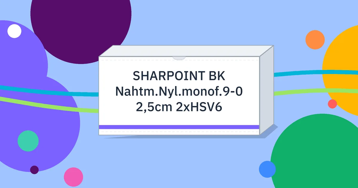 Symbolbild: Packung mit der Aufschrift SHARPOINT BK Nahtm.Nyl.monof.9-0 2,5cm 2xHSV6 (PZN 17983811) – Verfügbarkeit und Bezug in Apotheken in Frankfurt am Main