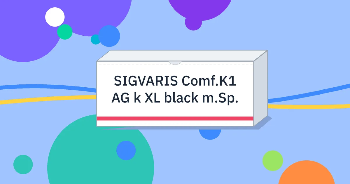 Symbolbild: Packung mit der Aufschrift SIGVARIS Comf.K1 AG k XL black m.Sp. (PZN 17094927) – Verfügbarkeit und Bezug in Apotheken in Frankfurt am Main