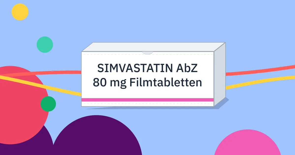 Symbolbild: Packung mit der Aufschrift SIMVASTATIN AbZ 80 mg Filmtabletten (PZN 04365187) – Verfügbarkeit und Bezug in Apotheken in Frankfurt am Main