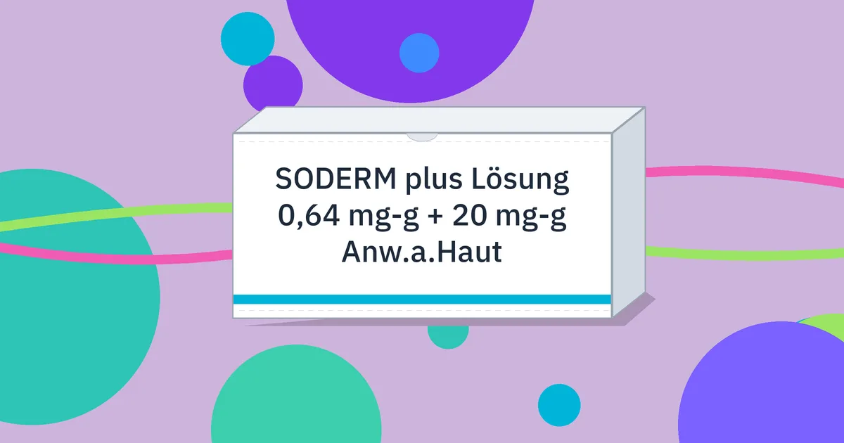 Symbolbild: Packung mit der Aufschrift SODERM plus Lösung 0,64 mg-g + 20 mg-g Anw.a.Haut (PZN 11293471) – Verfügbarkeit und Bezug in Apotheken in Frankfurt am Main