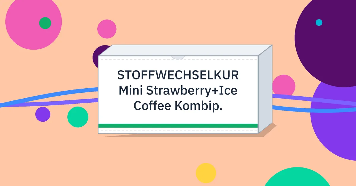 Symbolbild: Packung mit der Aufschrift STOFFWECHSELKUR Mini Strawberry+Ice Coffee Kombip. (PZN 14044768) – Verfügbarkeit und Bezug in Apotheken in Frankfurt am Main
