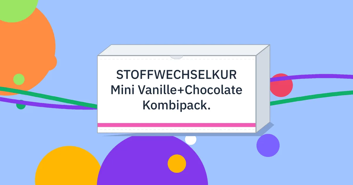Symbolbild: Packung mit der Aufschrift STOFFWECHSELKUR Mini Vanille+Chocolate Kombipack. (PZN 14044627) – Verfügbarkeit und Bezug in Apotheken in Frankfurt am Main