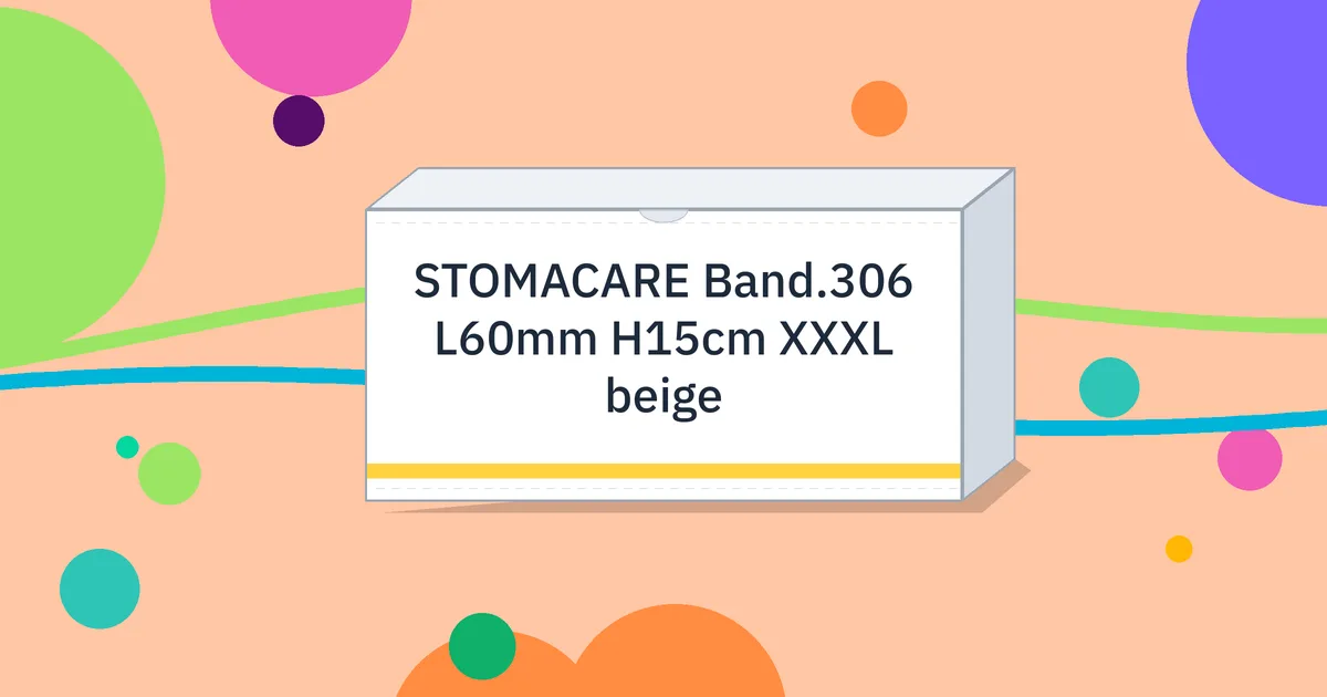 Symbolbild: Packung mit der Aufschrift STOMACARE Band.306 L60mm H15cm XXXL beige (PZN 04307244) – Verfügbarkeit und Bezug in Apotheken in Frankfurt am Main