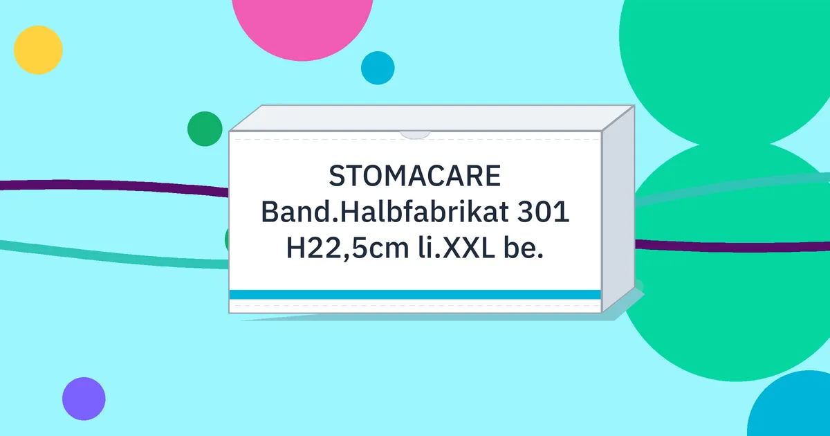 Symbolbild: Packung mit der Aufschrift STOMACARE Band.Halbfabrikat 301 H22,5cm li.XXL be. (PZN 07664542) – Verfügbarkeit und Bezug in Apotheken in Frankfurt am Main