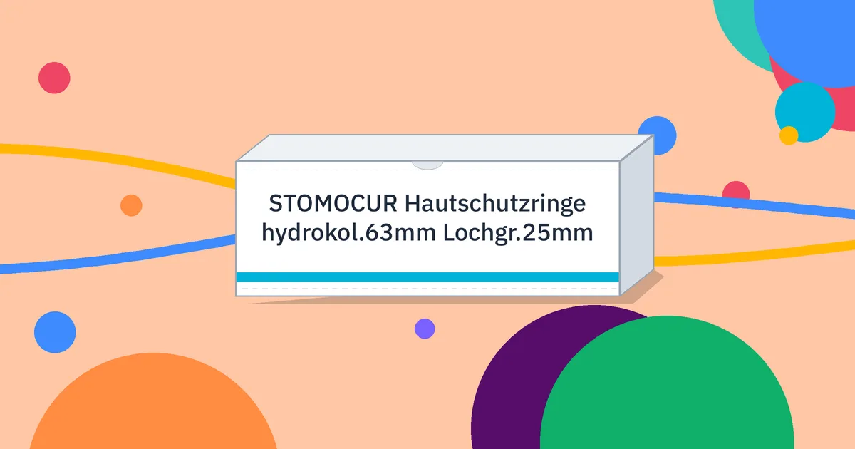Symbolbild: Packung mit der Aufschrift STOMOCUR Hautschutzringe hydrokol.63mm Lochgr.25mm (PZN 15865450) – Verfügbarkeit und Bezug in Apotheken in Frankfurt am Main