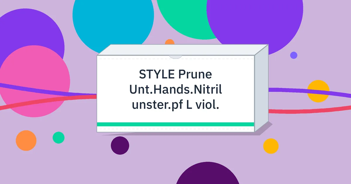 Symbolbild: Packung mit der Aufschrift STYLE Prune Unt.Hands.Nitril unster.pf L viol. (PZN 15378081) – Verfügbarkeit und Bezug in Apotheken in Frankfurt am Main
