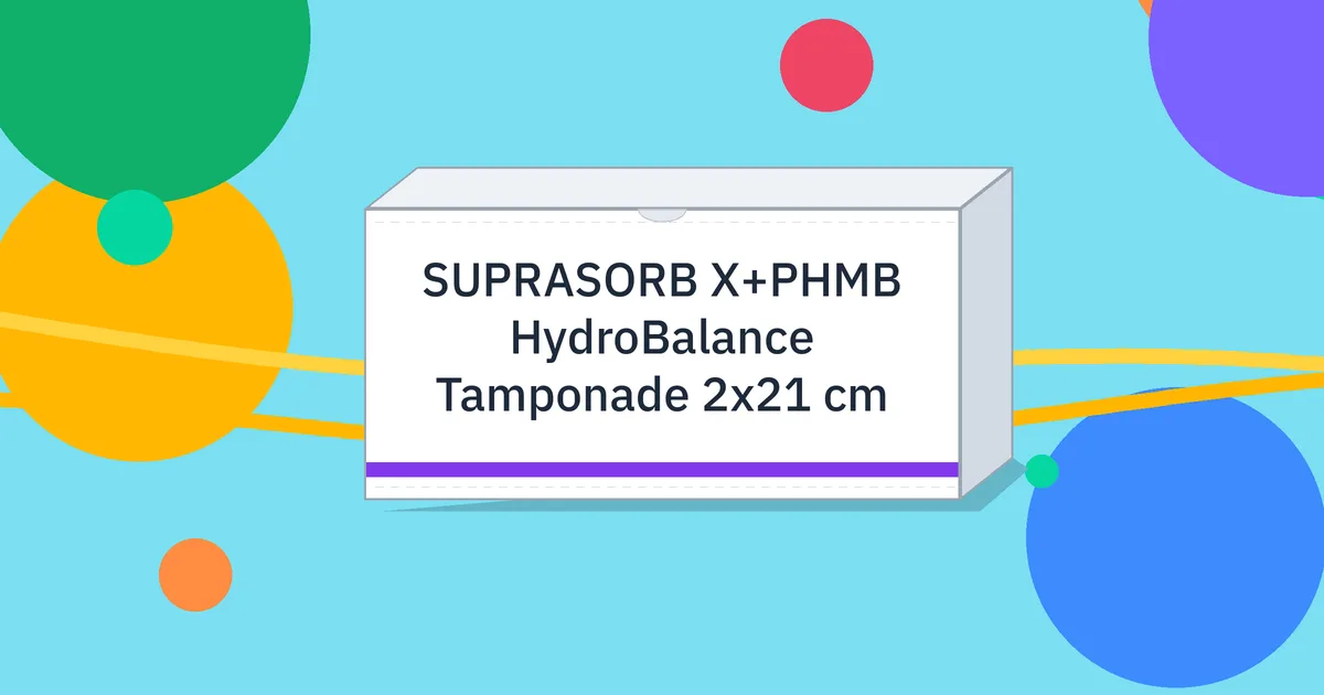 Symbolbild: Packung mit der Aufschrift SUPRASORB X+PHMB HydroBalance Tamponade 2x21 cm (PZN 14438361) – Verfügbarkeit und Bezug in Apotheken in Frankfurt am Main