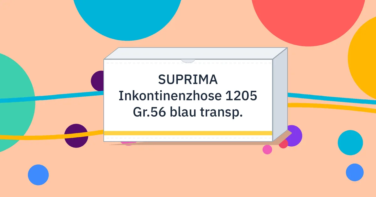 Symbolbild: Packung mit der Aufschrift SUPRIMA Inkontinenzhose 1205 Gr.56 blau transp. (PZN 01365726) – Verfügbarkeit und Bezug in Apotheken in Frankfurt am Main