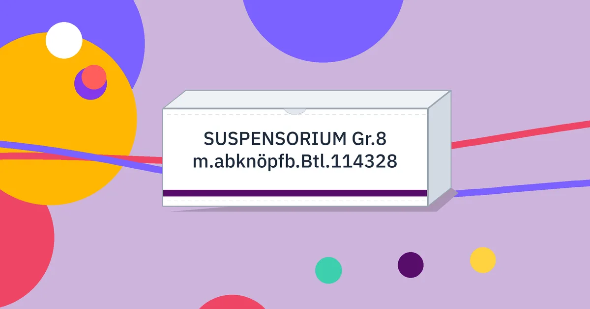 Symbolbild: Packung mit der Aufschrift SUSPENSORIUM Gr.8 m.abknöpfb.Btl.114328 (PZN 03230723) – Verfügbarkeit und Bezug in Apotheken in Frankfurt am Main