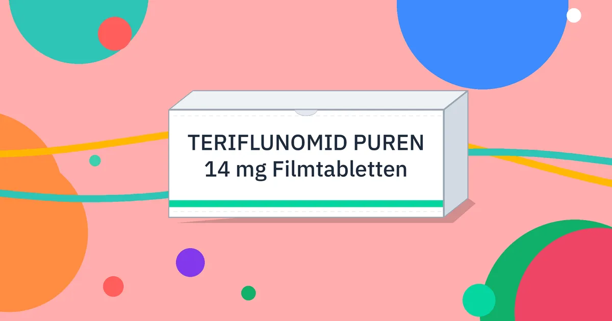 Symbolbild: Packung mit der Aufschrift TERIFLUNOMID PUREN 14 mg Filmtabletten (PZN 19557567) – Verfügbarkeit und Bezug in Apotheken in Frankfurt am Main