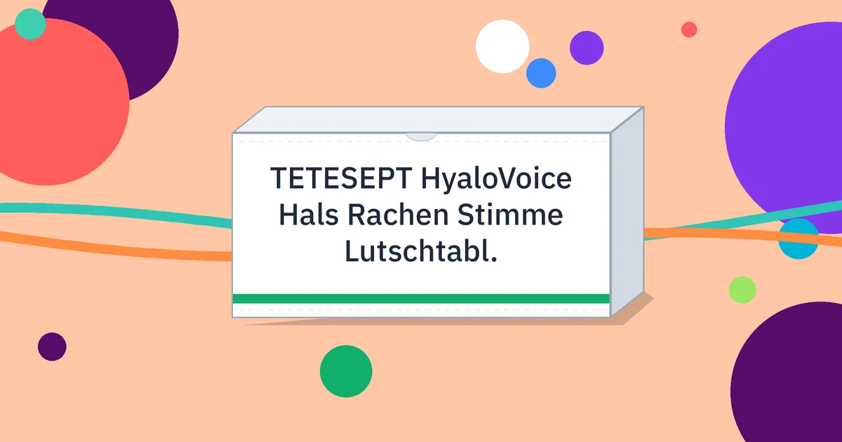 Symbolbild: Packung mit der Aufschrift TETESEPT HyaloVoice Hals Rachen Stimme Lutschtabl. (PZN 19284098) – Verfügbarkeit und Bezug in Apotheken in Frankfurt am Main
